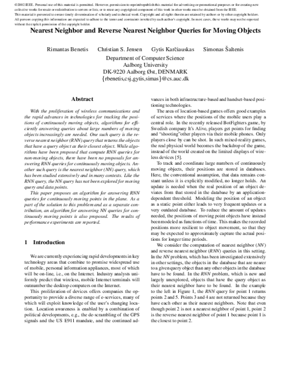 (PDF) Nearest neighbor and reverse nearest neighbor queries for moving objects