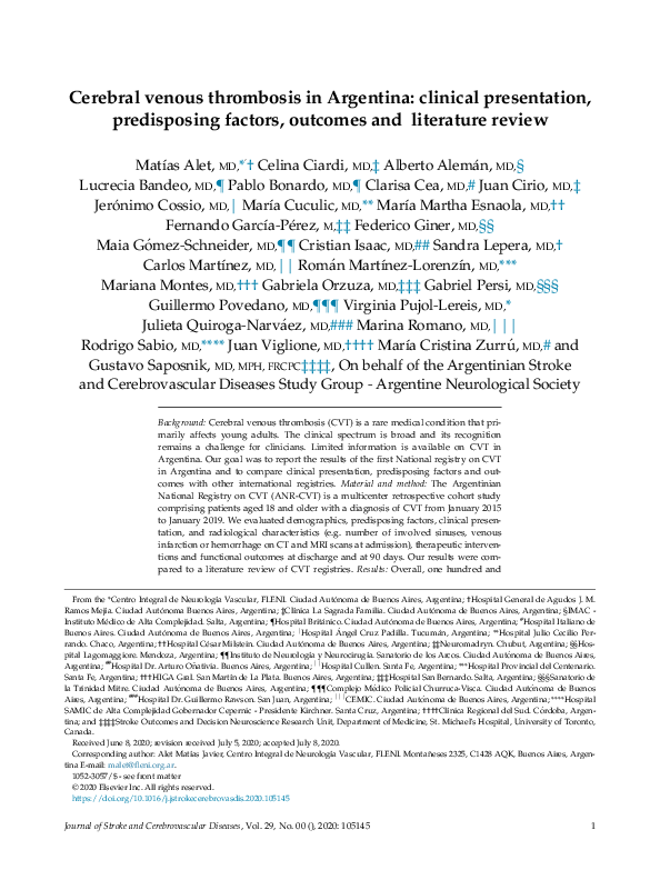 (PDF) Cerebral venous thrombosis in Argentina: clinical presentation, predisposing factors ...