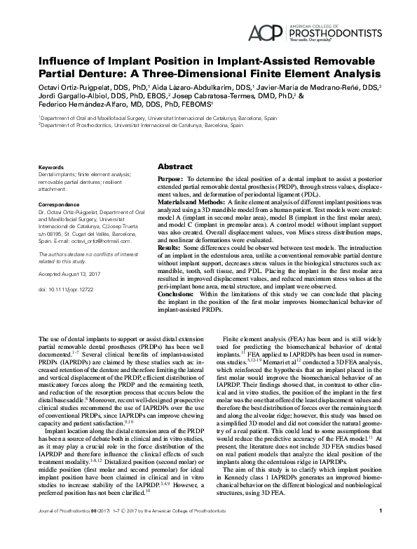 Pdf Influence Of Implant Position In Implant Assisted Removable Partial Denture A Three