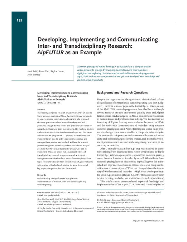 (PDF) Developing, Implementing and Communicating Inter- and Transdisciplinary Research: Alp ...