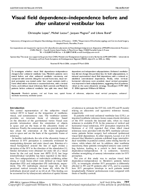 (PDF) Visual field dependence–independence before and after unilateral ...