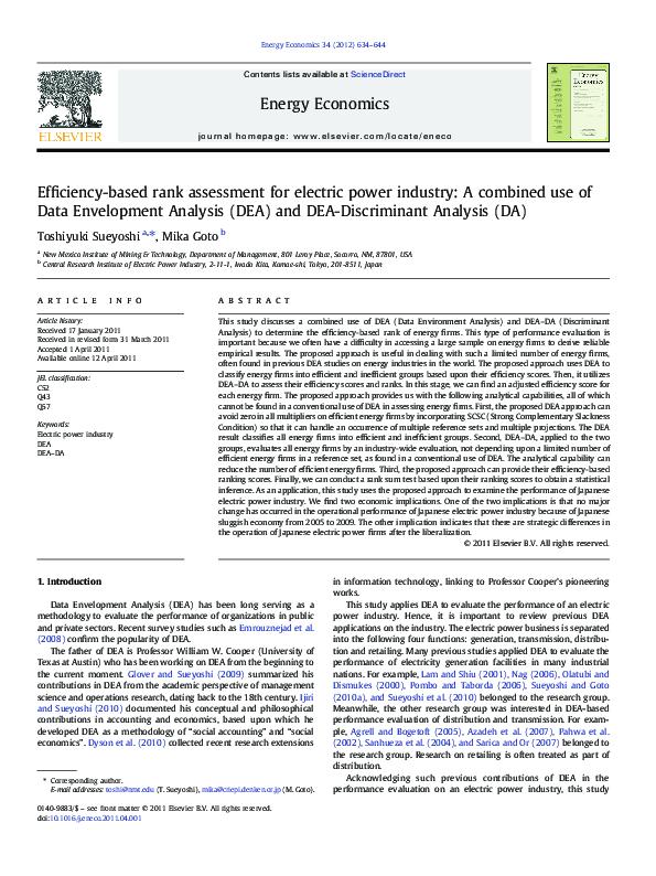 (PDF) Efficiency-based rank assessment for electric power industry: A combined use of Data ...