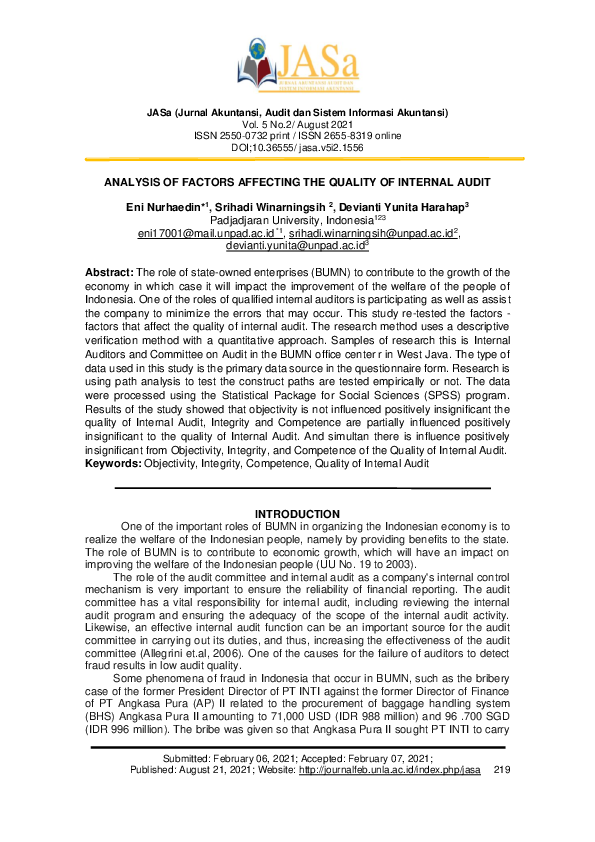 Pdf Analysis Of Factors Affecting The Quality Of Internal Audit
