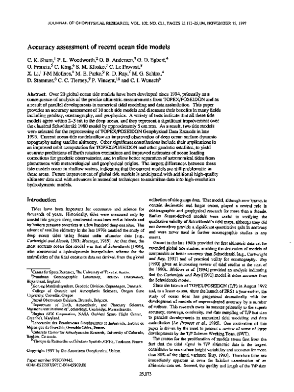 Pdf Accuracy Assessment Of Recent Ocean Tide Models
