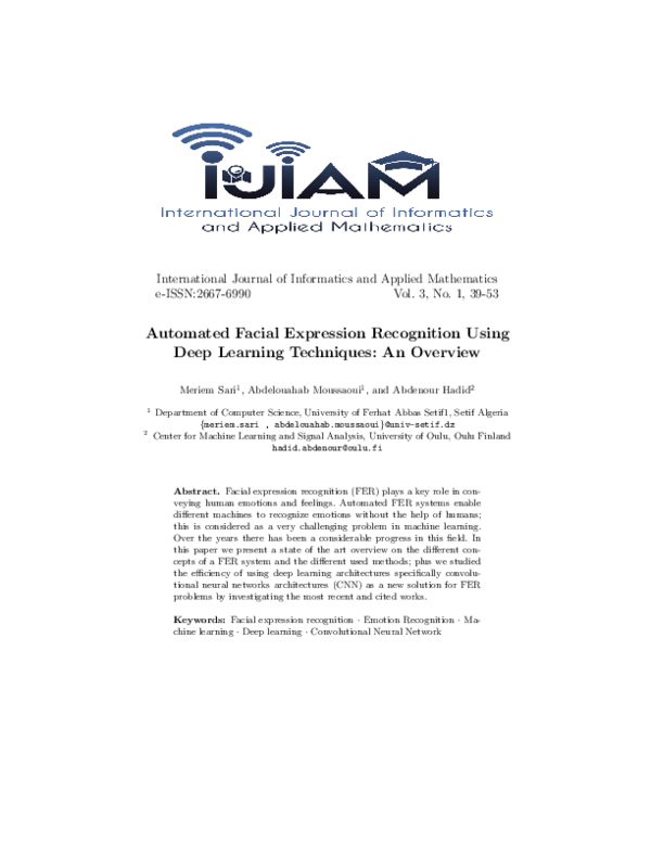 (PDF) Automated Facial Expression Recognition Using Deep Learning Techniques: An Overview