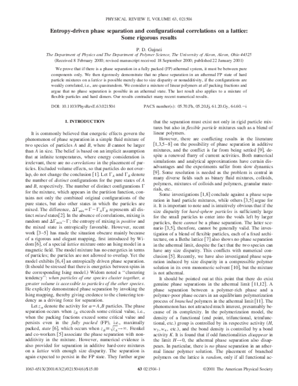 (PDF) Entropy-driven phase separation and configurational correlations on a lattice: Some ...