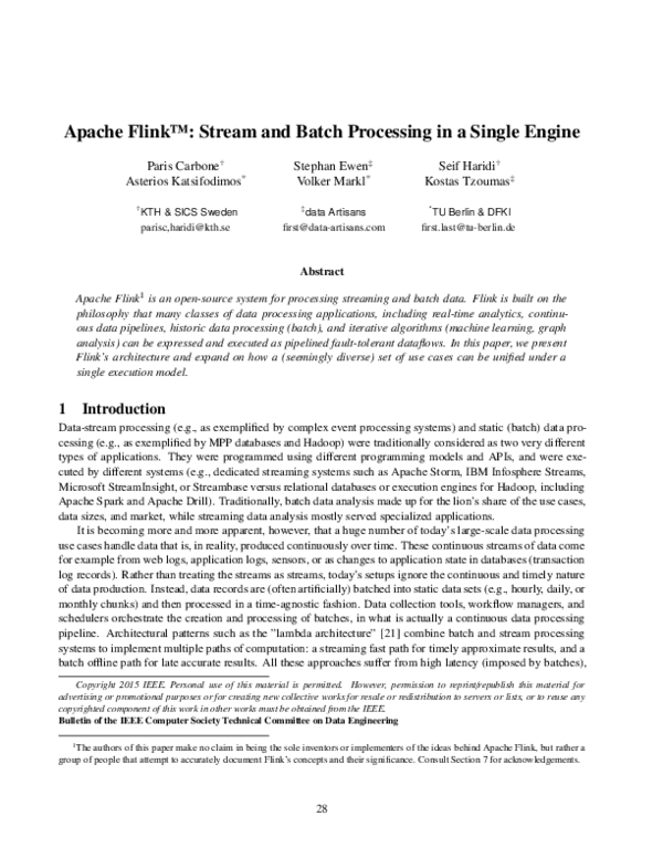 Pdf Apache Flink™ Stream And Batch Processing In A Single Engine 