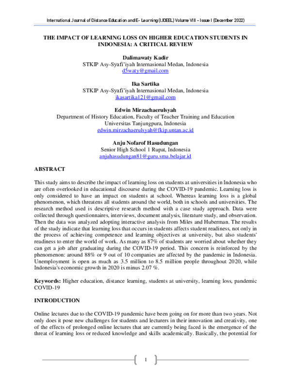 (PDF) The Impact of Learning Loss on Higher Education Students in ...