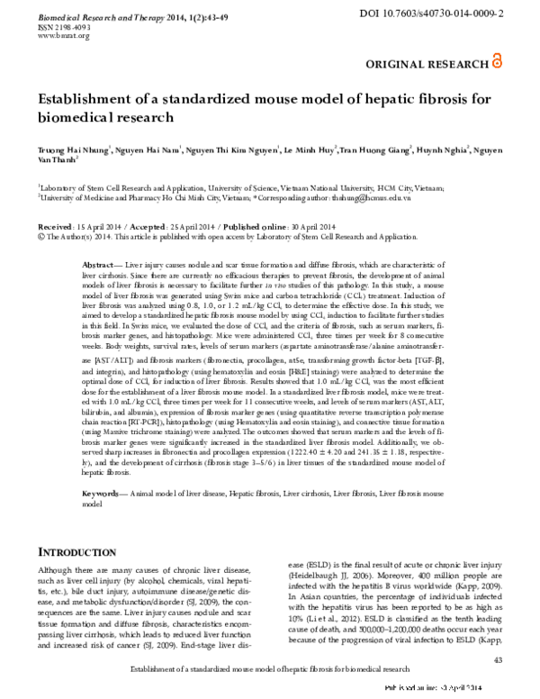 (PDF) Establishment of a standardized mouse model of hepatic fibrosis ...