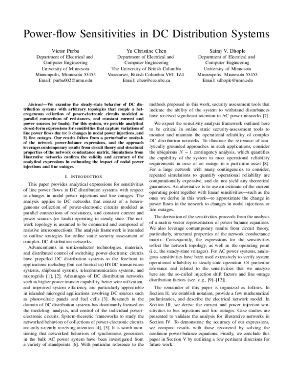 (PDF) Sensitivity Analysis of Power Flows in DC Distribution Systems