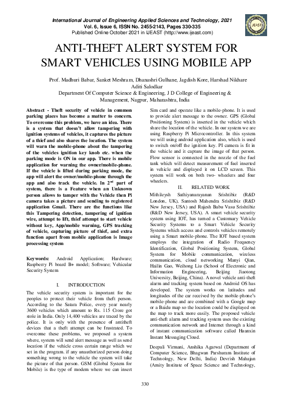 (PDF) Anti-Theft Alert System for Smart Vehicles Using Mobile App