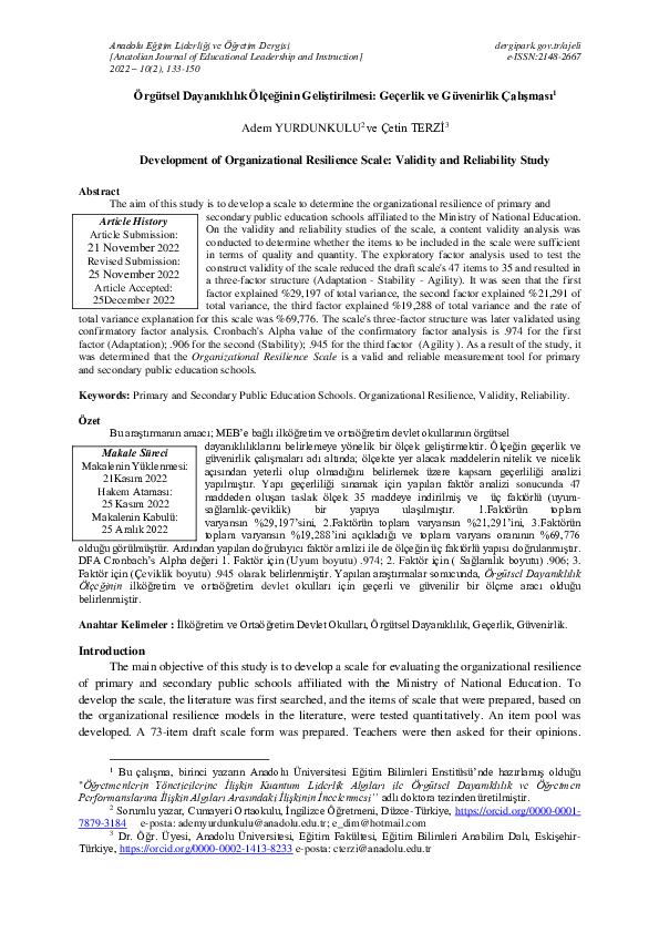 (PDF) Development of Organizational Resilience Scale: Validity and Reliability Study