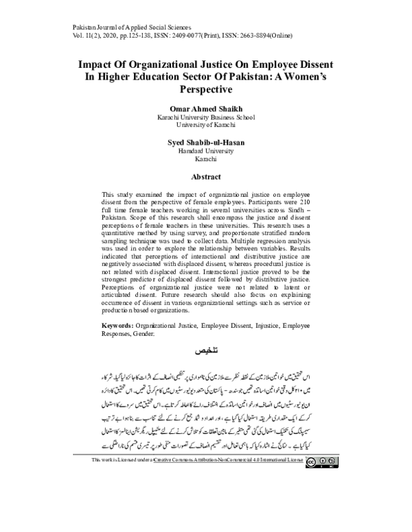 (PDF) Impact Of Organizational Justice On Employee Dissent In Higher Education Sector Of ...