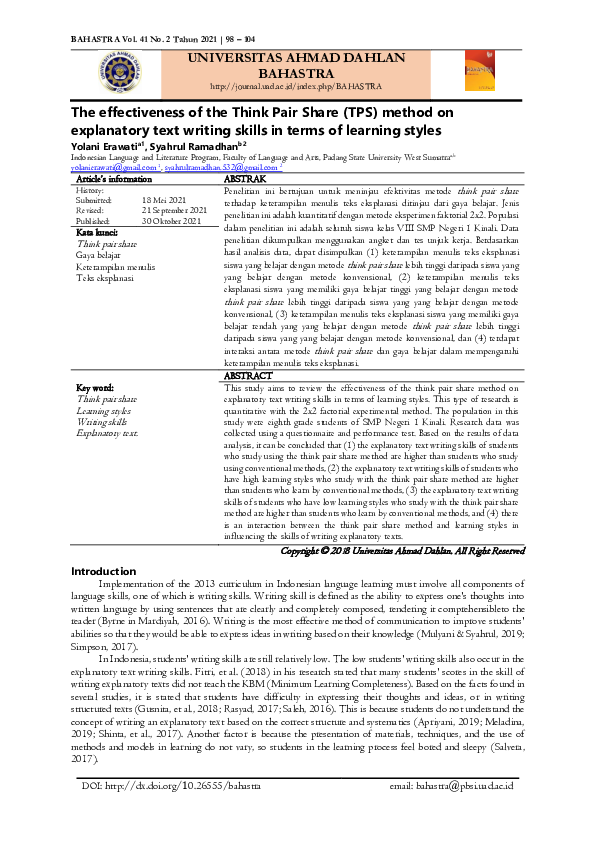 (PDF) The effectiveness of the Think Pair Share (TPS) method on explanatory text writing skills ...