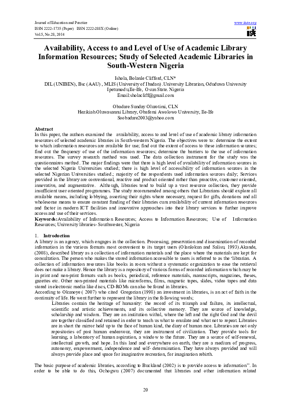 (PDF) Availability, Access to and Level of Use of Academic Library Information Resources; Study ...