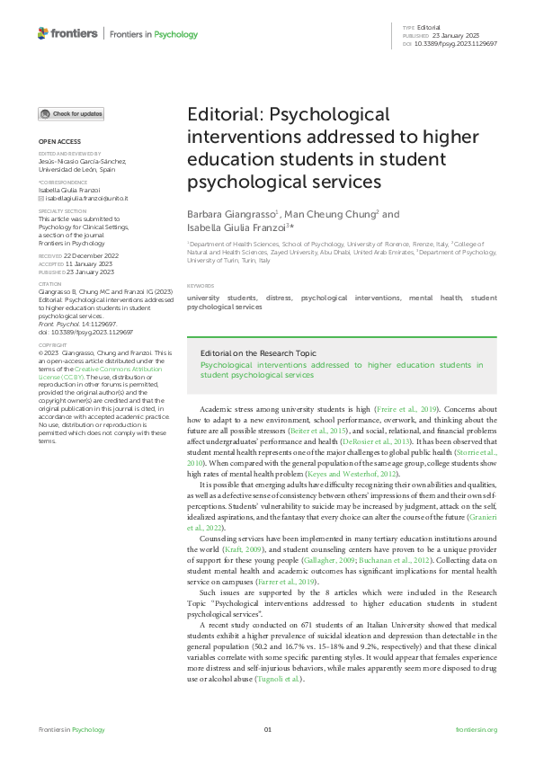 (PDF) Editorial: Psychological interventions addressed to higher ... (PDF) Editorial: Psychological interventions addressed to higher ...