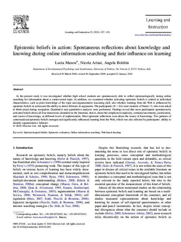 (PDF) Epistemic beliefs in action: Spontaneous reflections about knowledge and knowing during ...