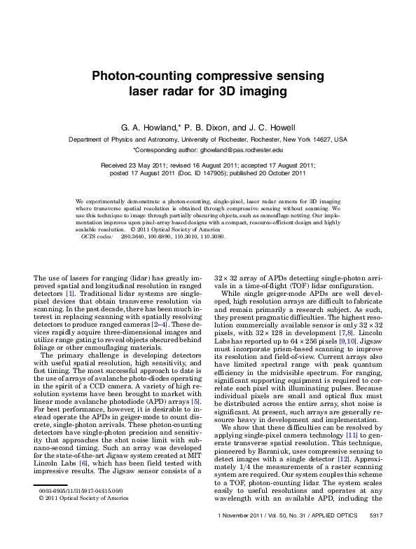 (PDF) Photon-counting compressive sensing laser radar for 3D imaging