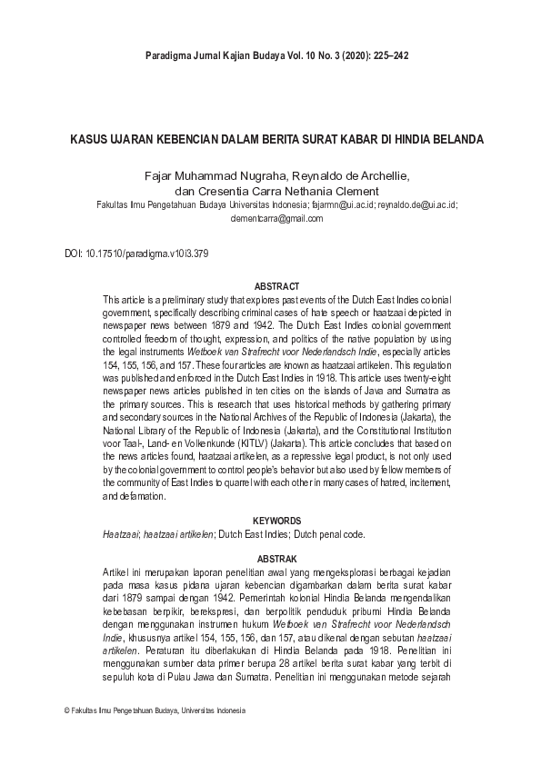 (PDF) Kasus Ujaran Kebencian Dalam Berita Surat Kabar DI Hindia Belanda | fajar nugraha ...