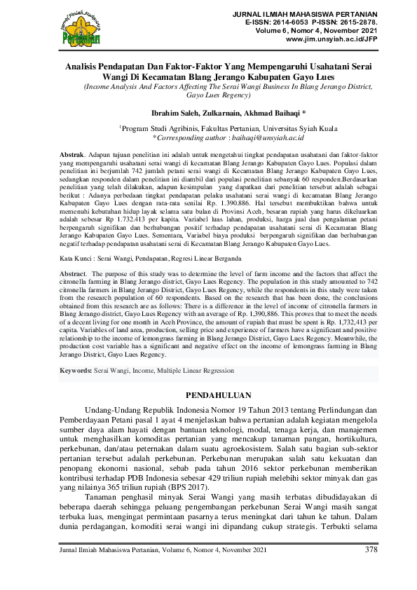 (PDF) Analisis Pendapatan dan Faktor-faktor yang Mempengaruhi Usahatani Serai Wangi di Kecamatan ...