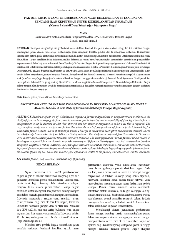 (PDF) FAKTOR-FAKTOR YANG BERHUBUNGAN DENGAN KEMANDIRIAN PETANI DALAM PENGAMBILAN KEPUTUSAN UNTUK ...