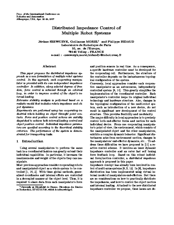 Pdf Distributed Impedance Control Of Multiple Robot Systems