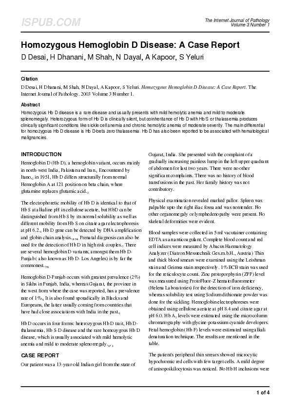 (PDF) Homozygous Hemoglobin D Disease: A Case Report