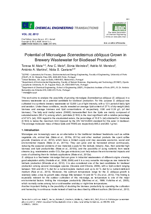 (PDF) Potential of microalgae scenedesmus obliquus grown in brewery wastewater for biodiesel ...