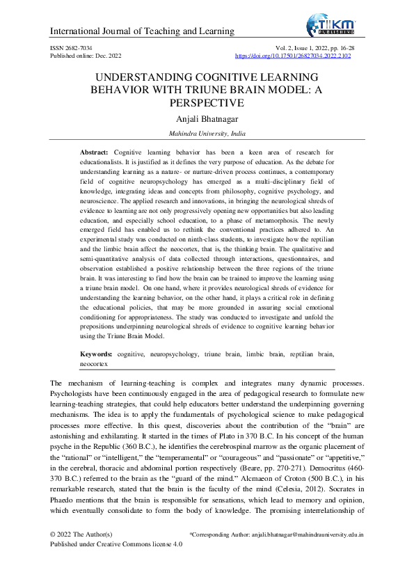 Understanding Cognitive Learning Behavior with Triune Brain Model: A ...