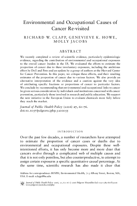 (PDF) Environmental and occupational causes of cancer: A call to act on ...
