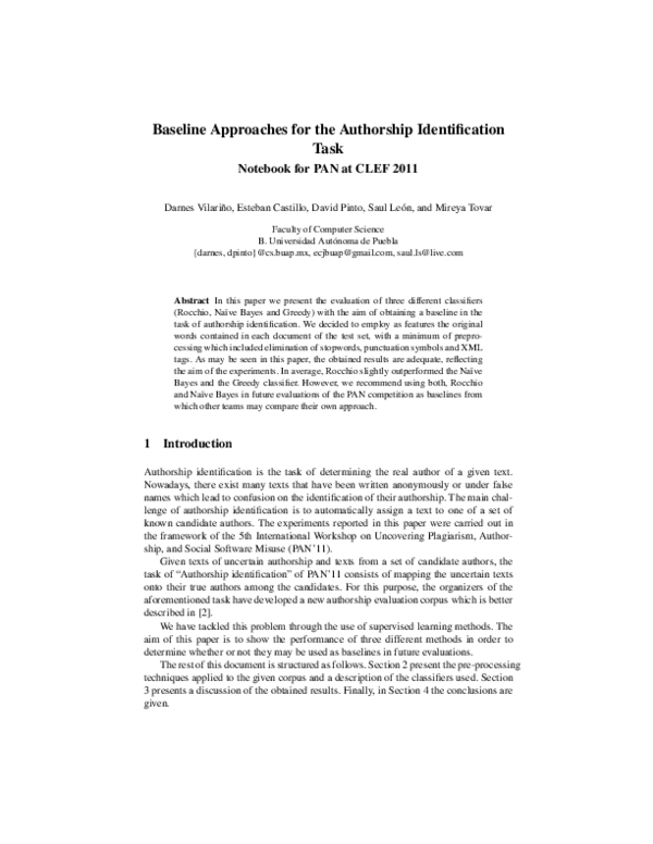 (PDF) Baseline Approaches for the Authorship Identification Task