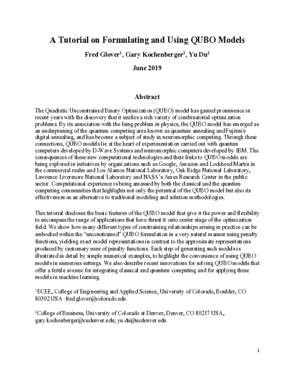 (PDF) A Tutorial on Formulating and Using QUBO Models