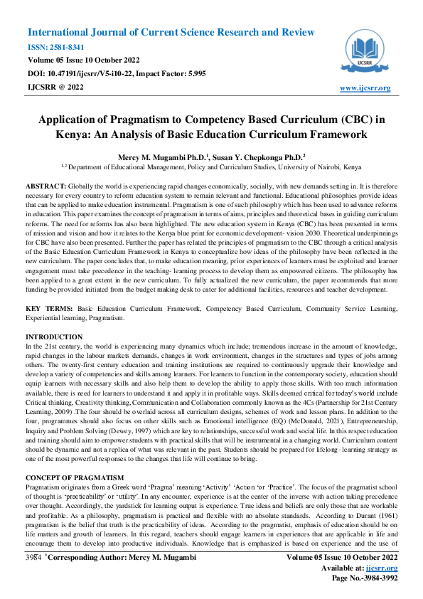 (PDF) Application of Pragmatism to Competency Based Curriculum (CBC) in Kenya: An Analysis of ...