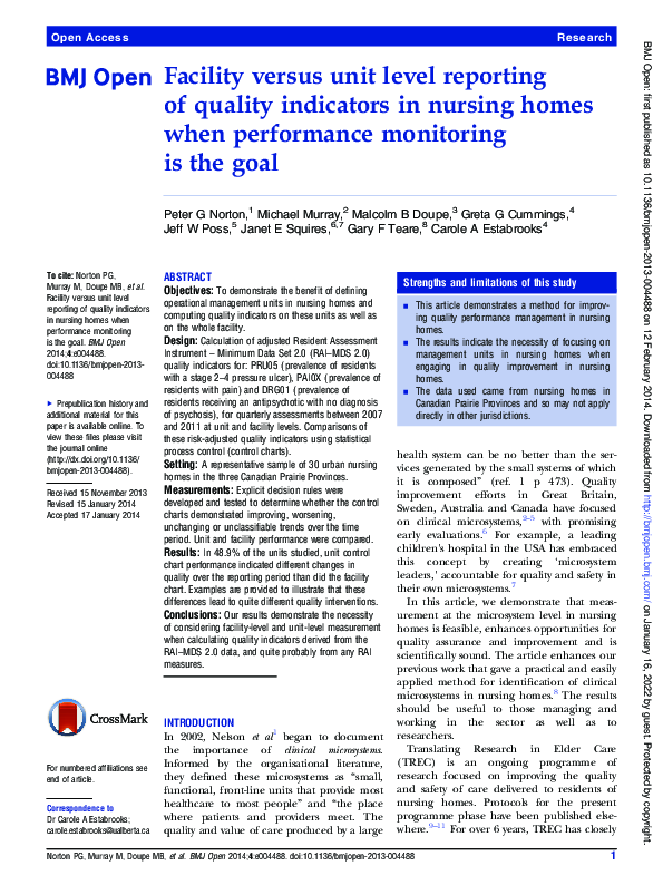 (PDF) Facility versus unit level reporting of quality indicators in ...