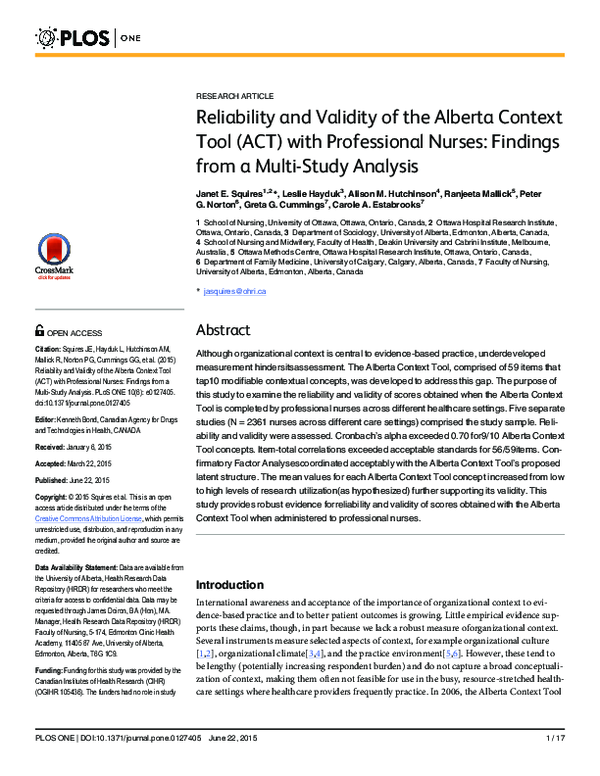 (PDF) Reliability and Validity of the Alberta Context Tool (ACT) with Professional Nurses ...