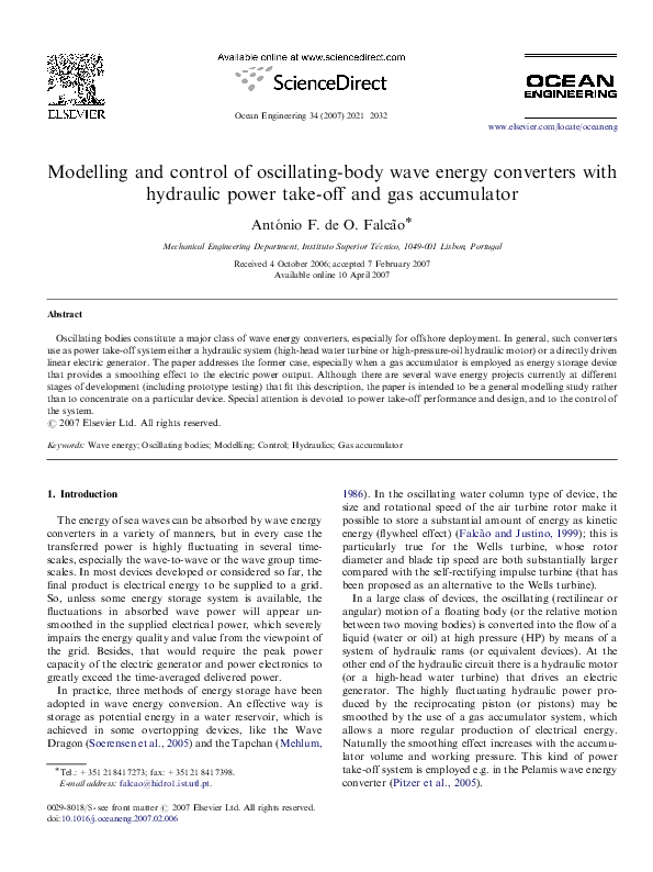 (PDF) Modelling and control of oscillating-body wave energy converters with hydraulic power take ...
