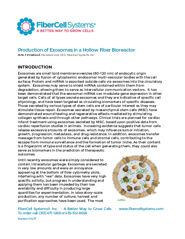 (PDF) Production of Exosomes in a Hollow Fiber Bioreactor