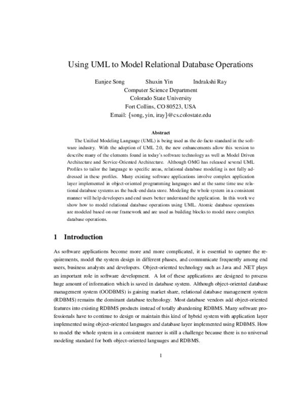 Pdf Using Uml To Model Relational Database Operations