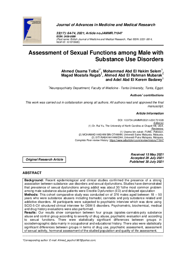 (PDF) Assessment of Sexual Functions among Male with Substance Use ...