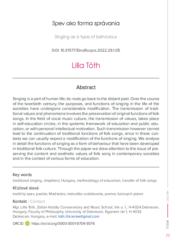 (PDF) Spev ako forma správania | Lilla Tóth - Academia.edu