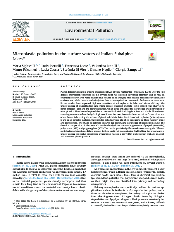 (PDF) Microplastic pollution in the surface waters of Italian Subalpine Lakes