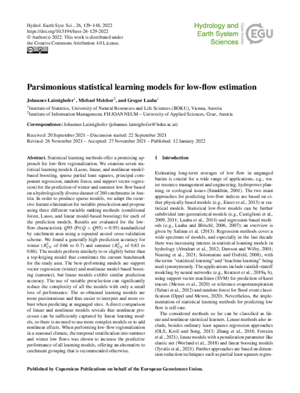 (PDF) Parsimonious statistical learning models for low flow estimation