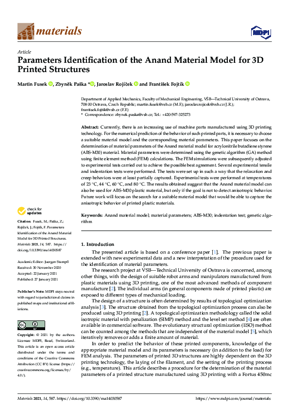 (PDF) Parameters Identification of the Anand Material Model for 3D Printed Structures