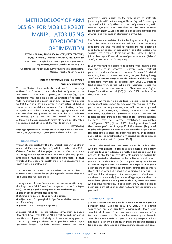 (PDF) Methodology of Arm Design for Mobile Robot Manipulator Using Topological Optimization