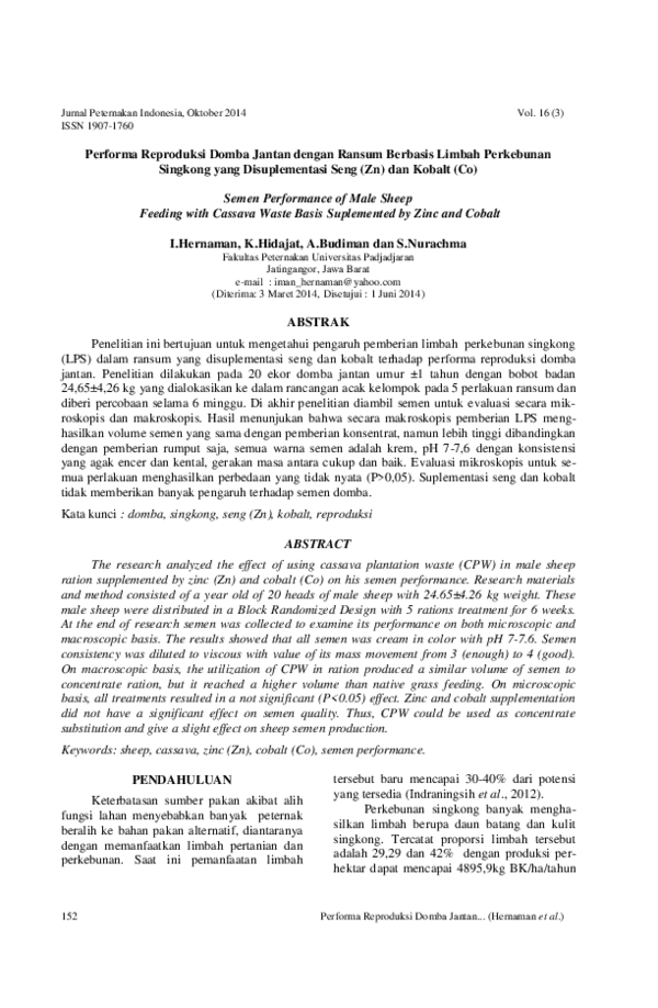 (PDF) Performa Reproduksi Domba Jantan dengan Ransum Berbasis Limbah Perkebunan Singkong yang ...