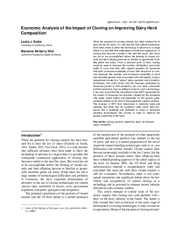 (PDF) Economic analysis of the impact of cloning on improving dairy herd composition