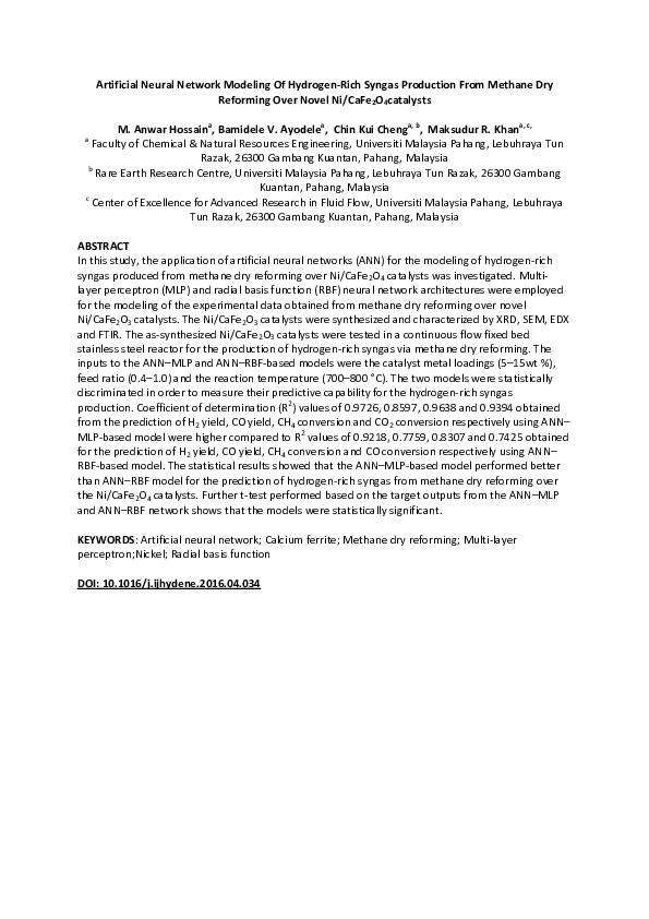 (PDF) Artificial neural network modeling of hydrogen-rich syngas production from methane dry ...