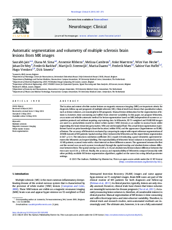 (PDF) Automatic segmentation and volumetry of multiple sclerosis brain lesions from MR images