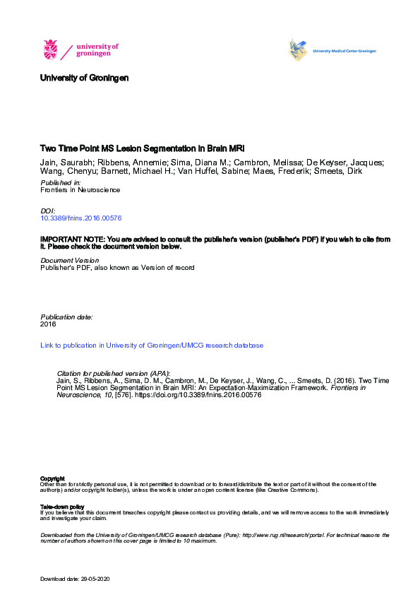 Pdf Two Time Point Ms Lesion Segmentation In Brain Mri An Expectation Maximization Framework