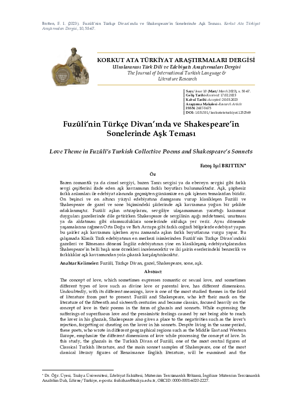 (PDF) Fuzûlî’nin Türkçe Divan’ında ve Shakespeare’in Sonelerinde Aşk Teması